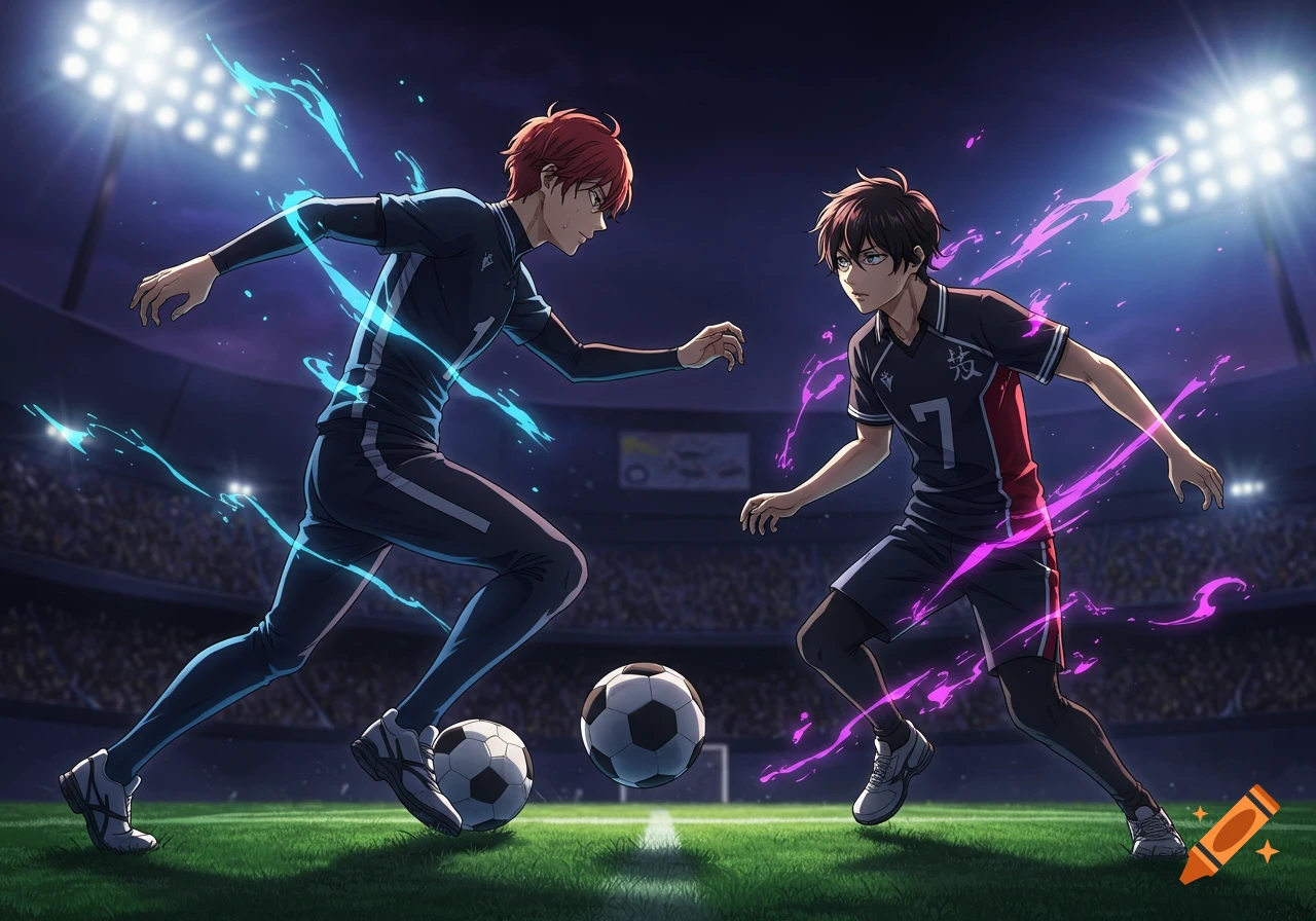Anime male in a red and blue soccer jersey with number 11, looking over ...