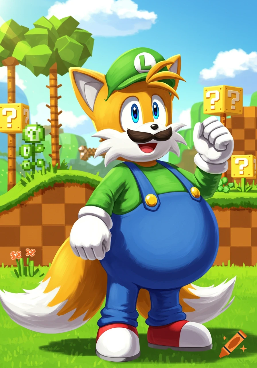 Tails in a Luigi costume with a big belly, standing in a vibrant Super ...