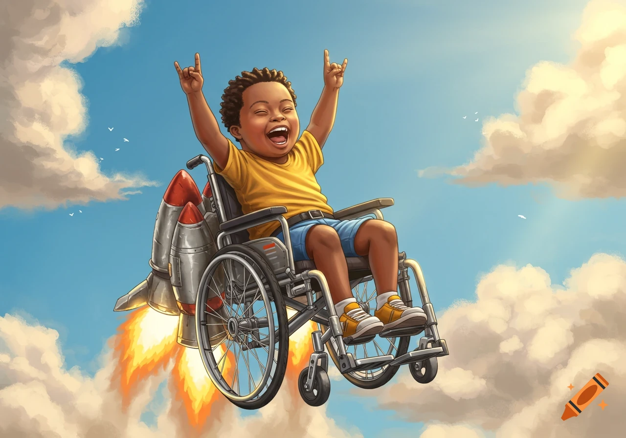 Illustration of a Black boy in a wheelchair flying with a jetpack ...