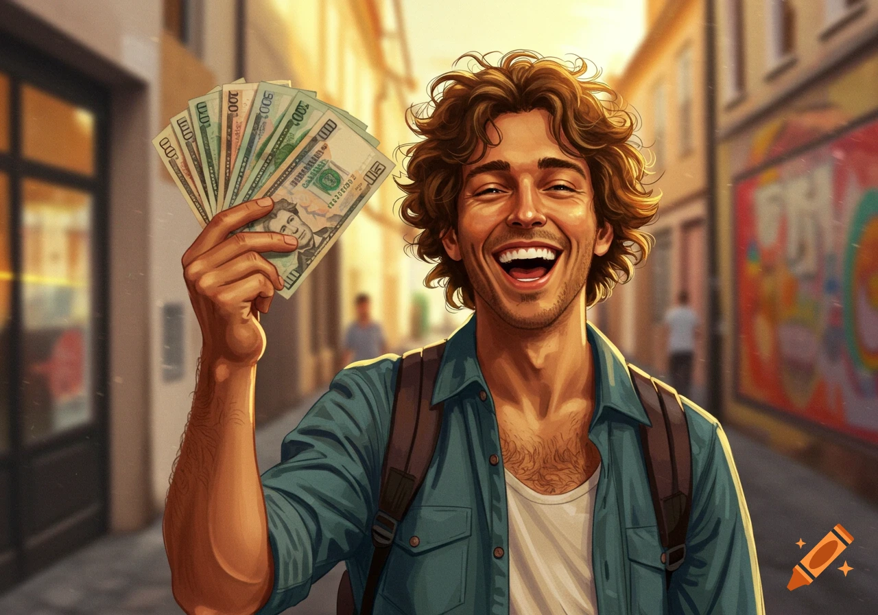 A young girl holds a fan of hundred-dollar bills in front of a black ...