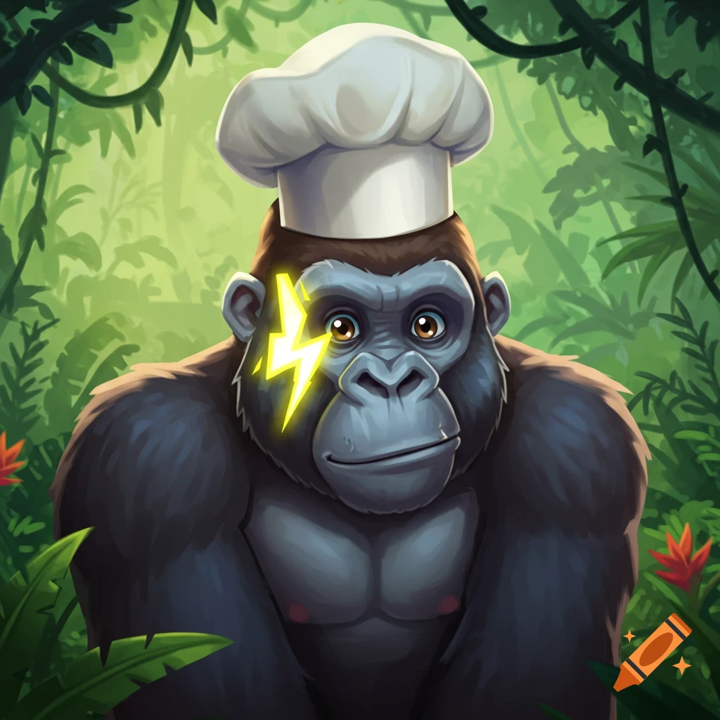 Cartoon gorilla wearing a chef hat with a yellow lightning bolt on its ...