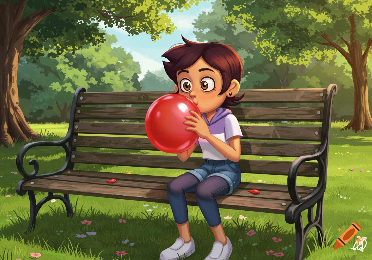 Cartoon character Luz Noceda sitting on a park bench blowing up a red ...