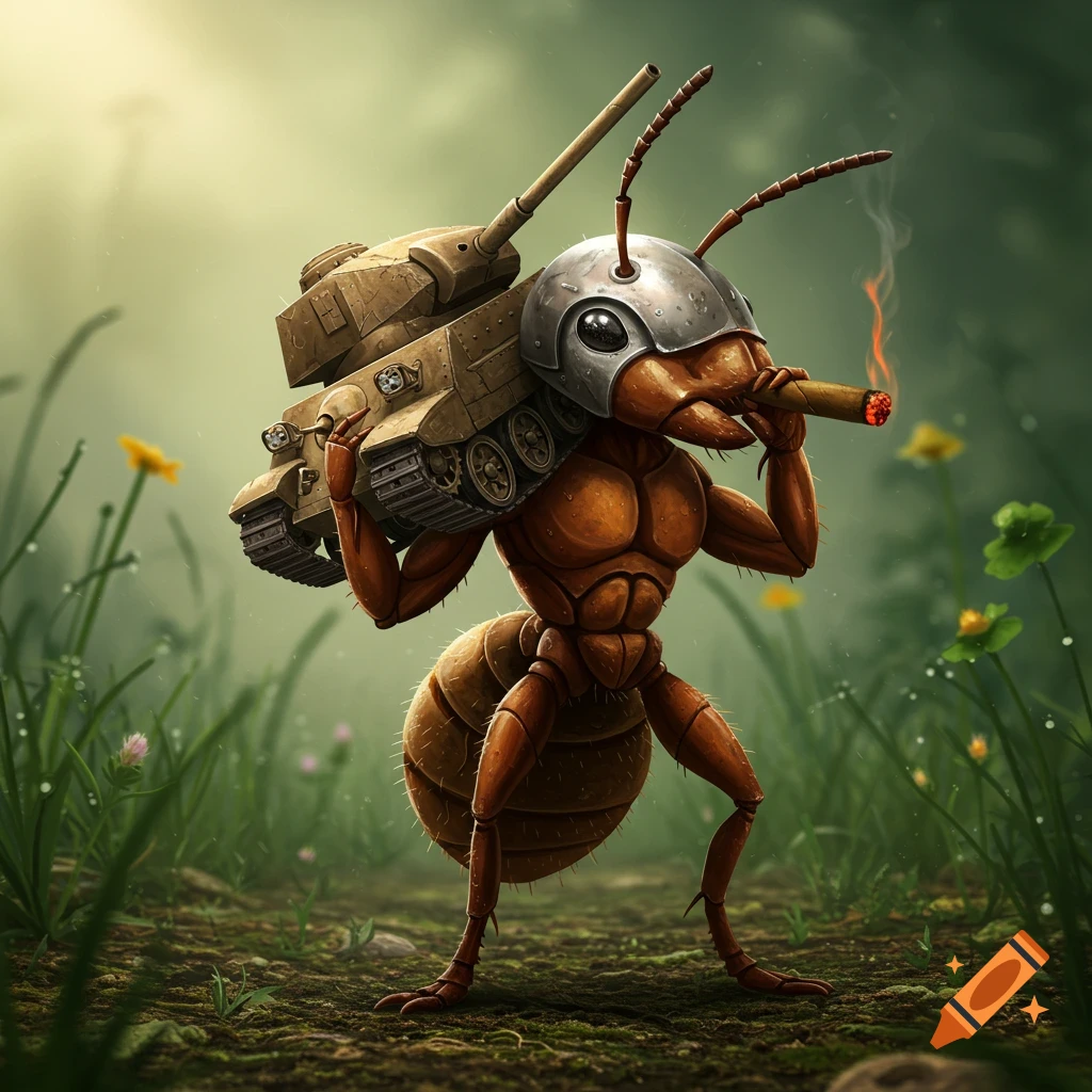 A cartoon ant dressed as a ninja, holding a shuriken, crouches on a ...