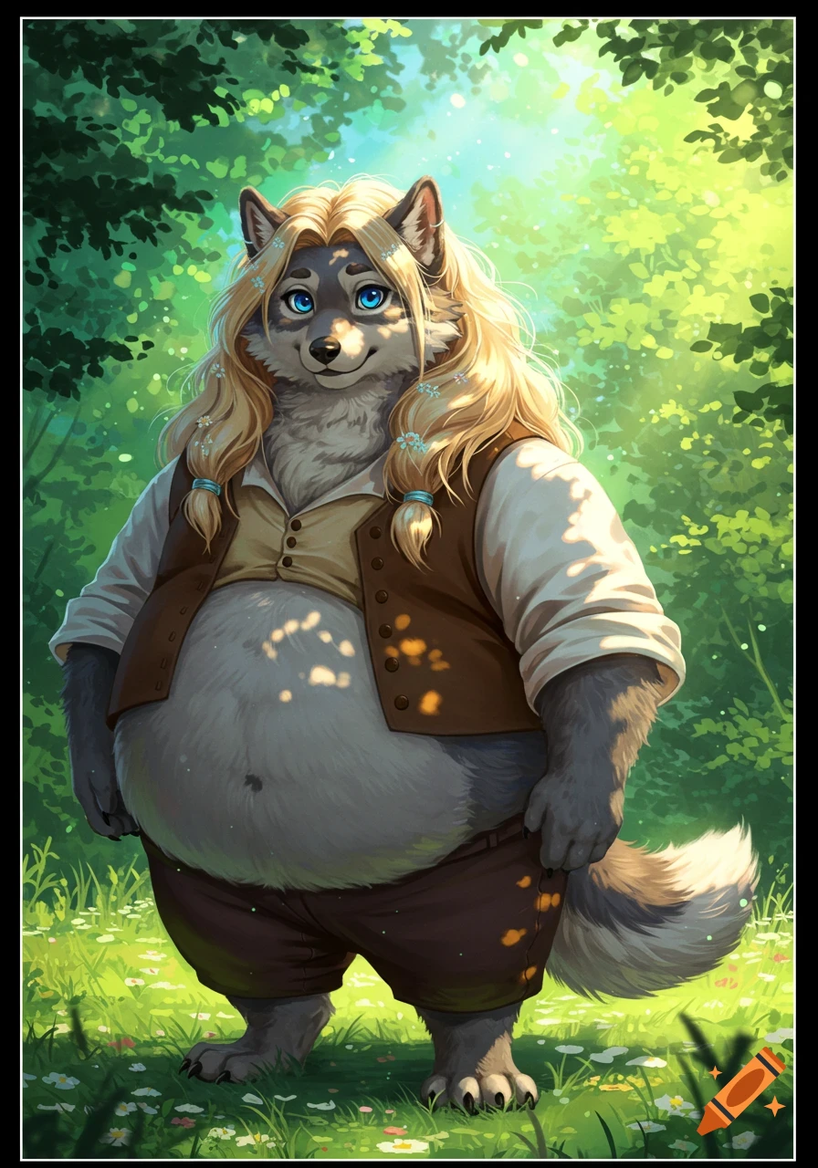 A light gray anthropomorphic fox with long white hair and blue eyes ...