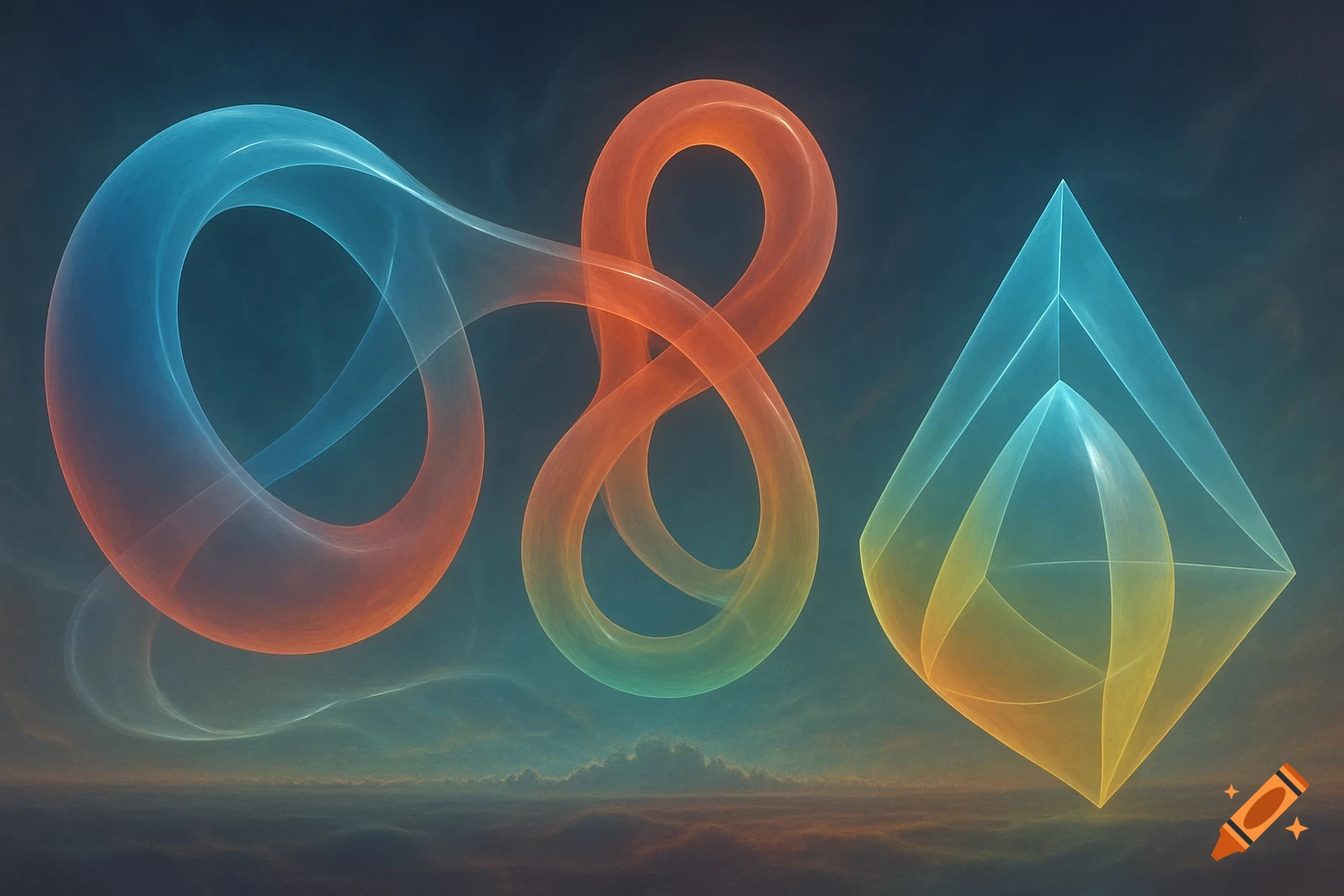 Colorful interwoven strands, including green, blue, and orange, form a ...