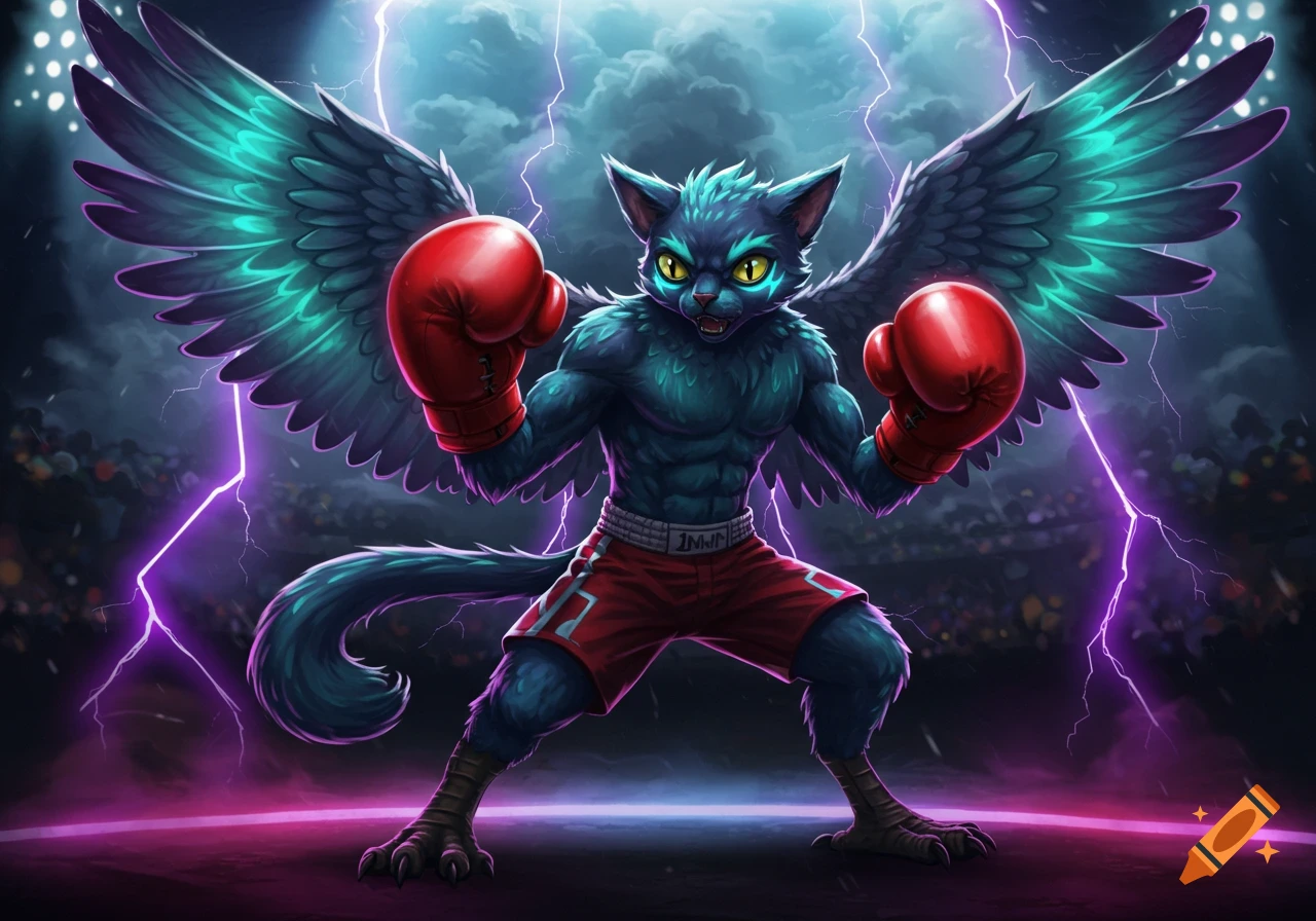 An aggressive, muscular, cartoon anthropomorphic fox in red boxing ...