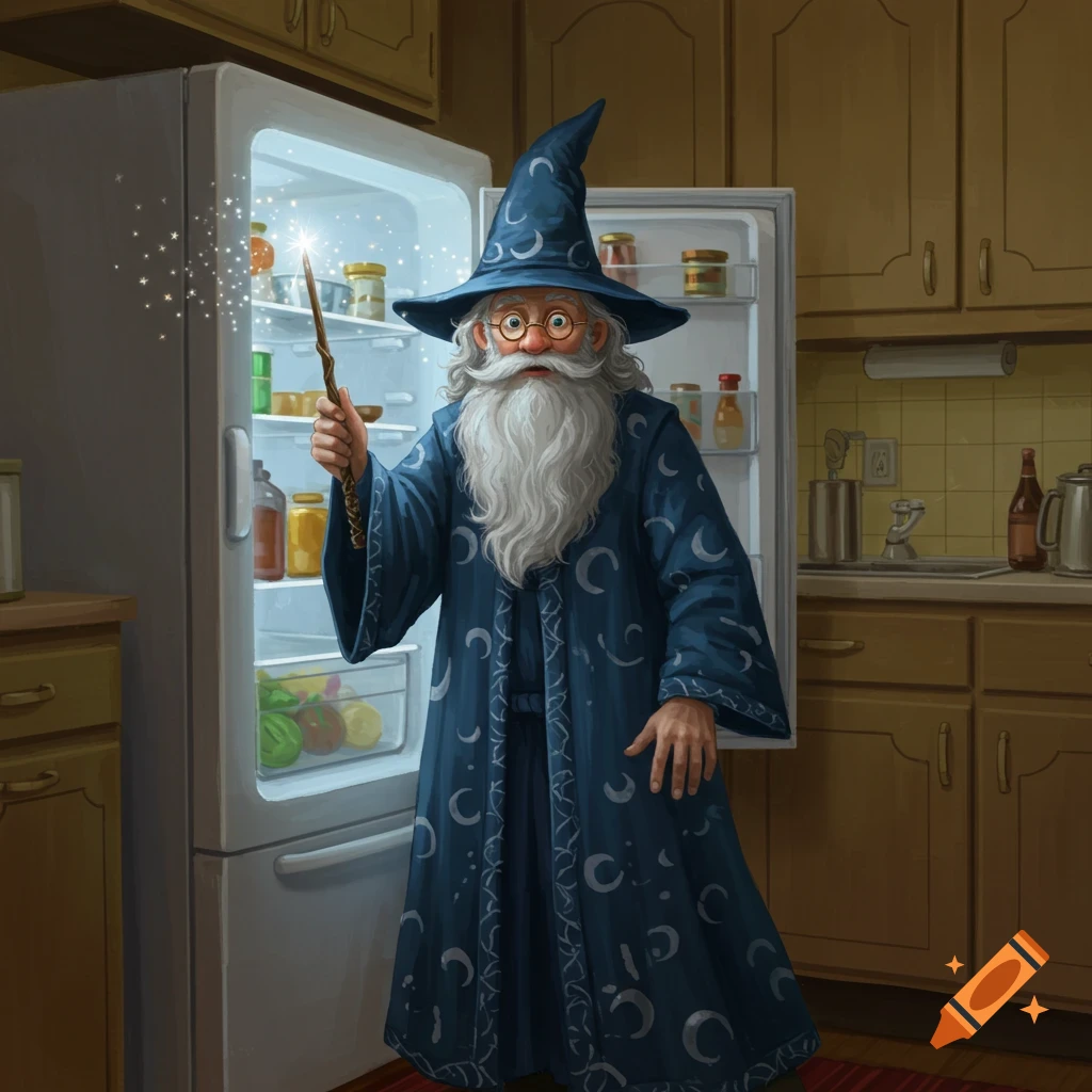 A cartoon Gandalf-like wizard in an 80s track suit and blue jeans sits ...