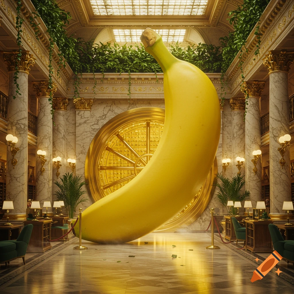 A giant yellow banana stands in a grand, opulent bank vault hall with ...