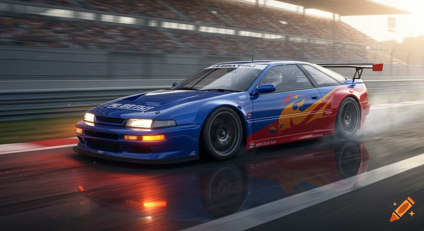 A blue and red Subaru SVX sportscar with a racing livery speeds down a ...