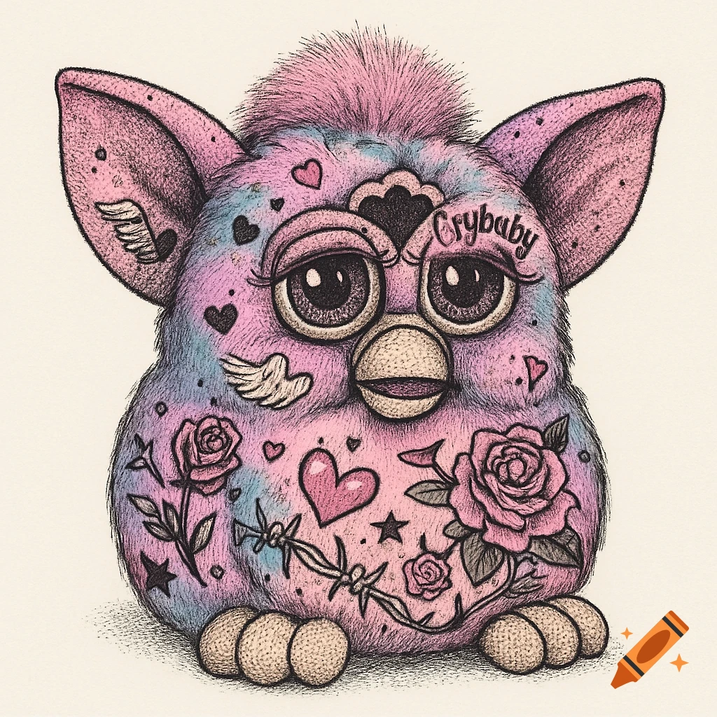 A cartoon-styled green and blue Furby with debug code eyes sits among ...