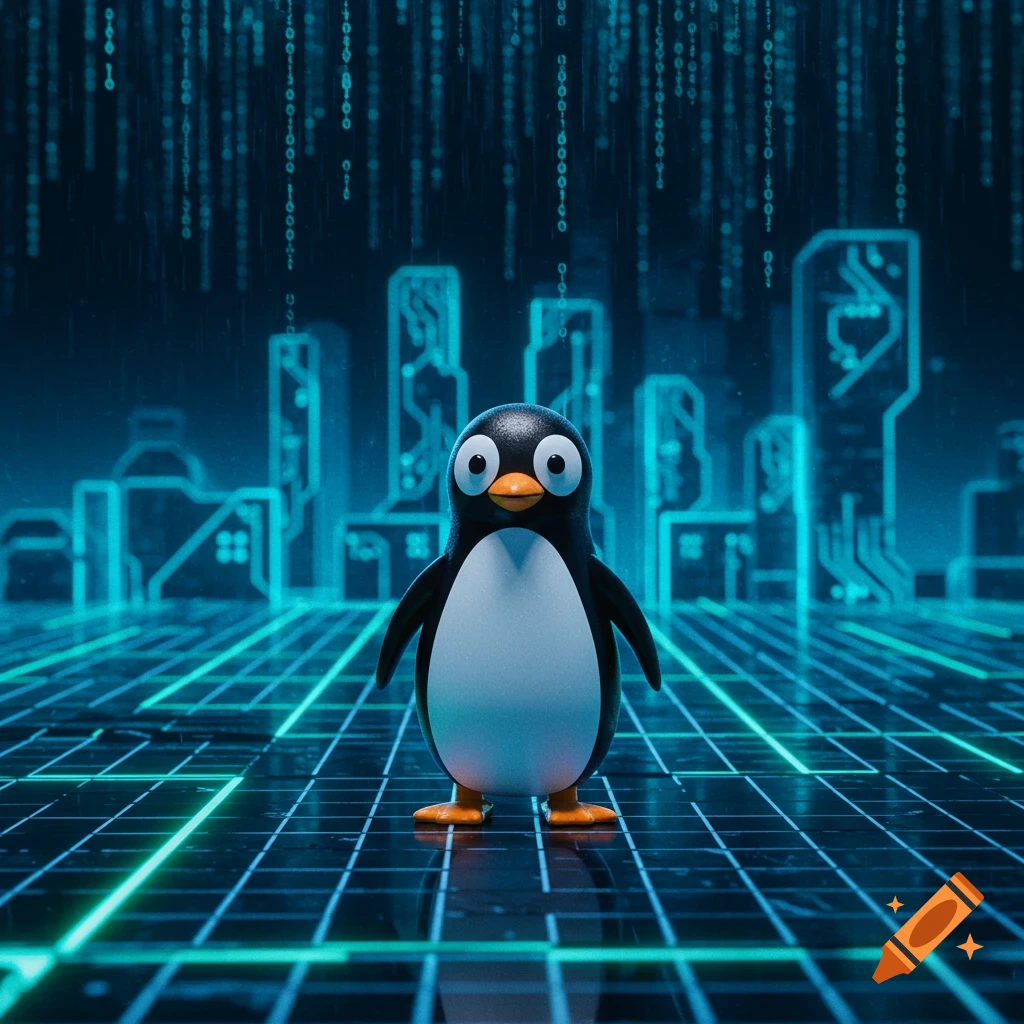 A cartoon penguin with a red nose stands on a keyboard, surrounded by ...