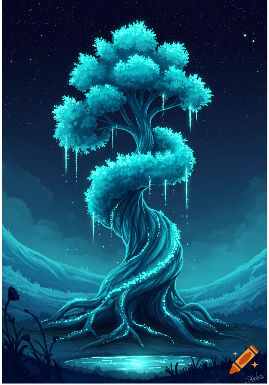 An isometric dark fantasy tree with glowing green cracks on its dark ...
