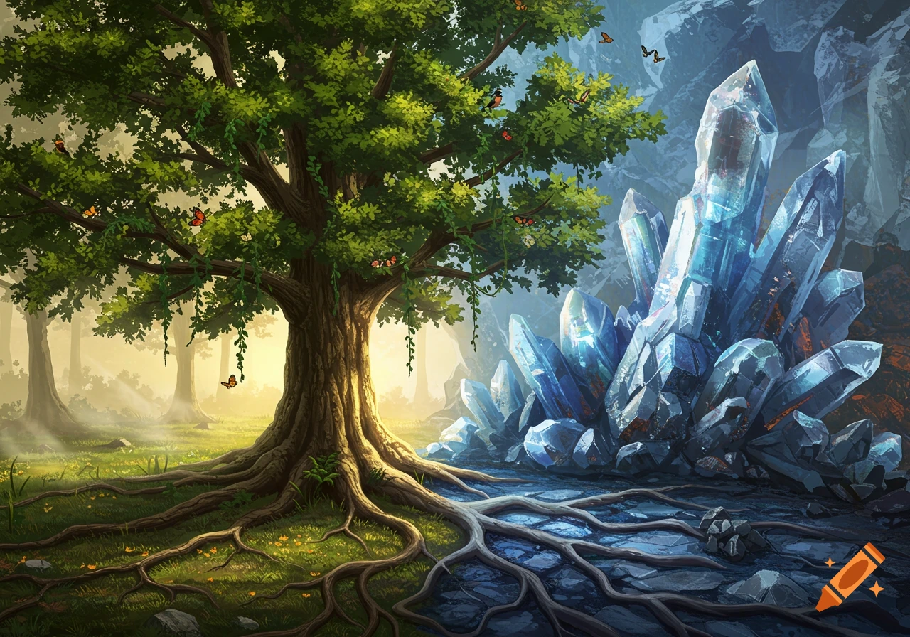 A stylized, mystical tree with glowing roots and leaves under a full ...