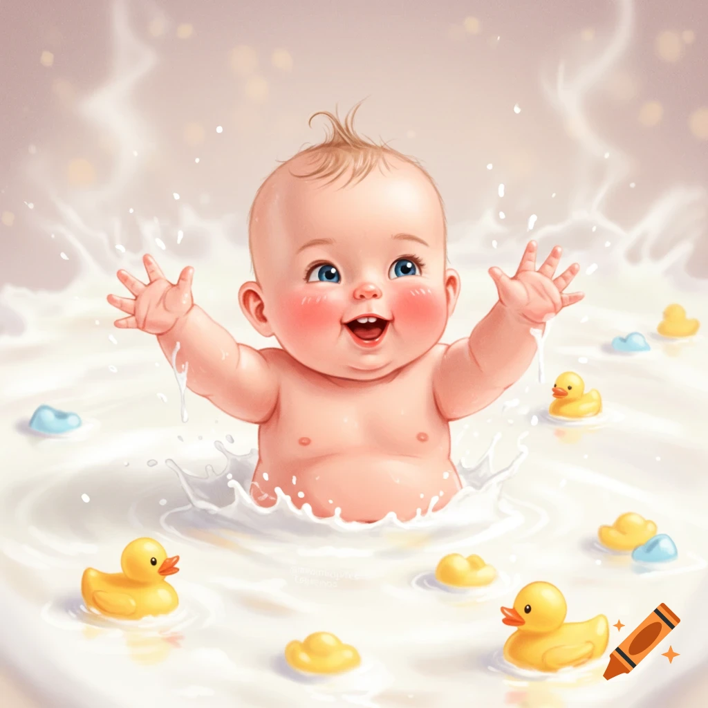 A happy, chubby baby illustration splashes in a milk bath surrounded by ...