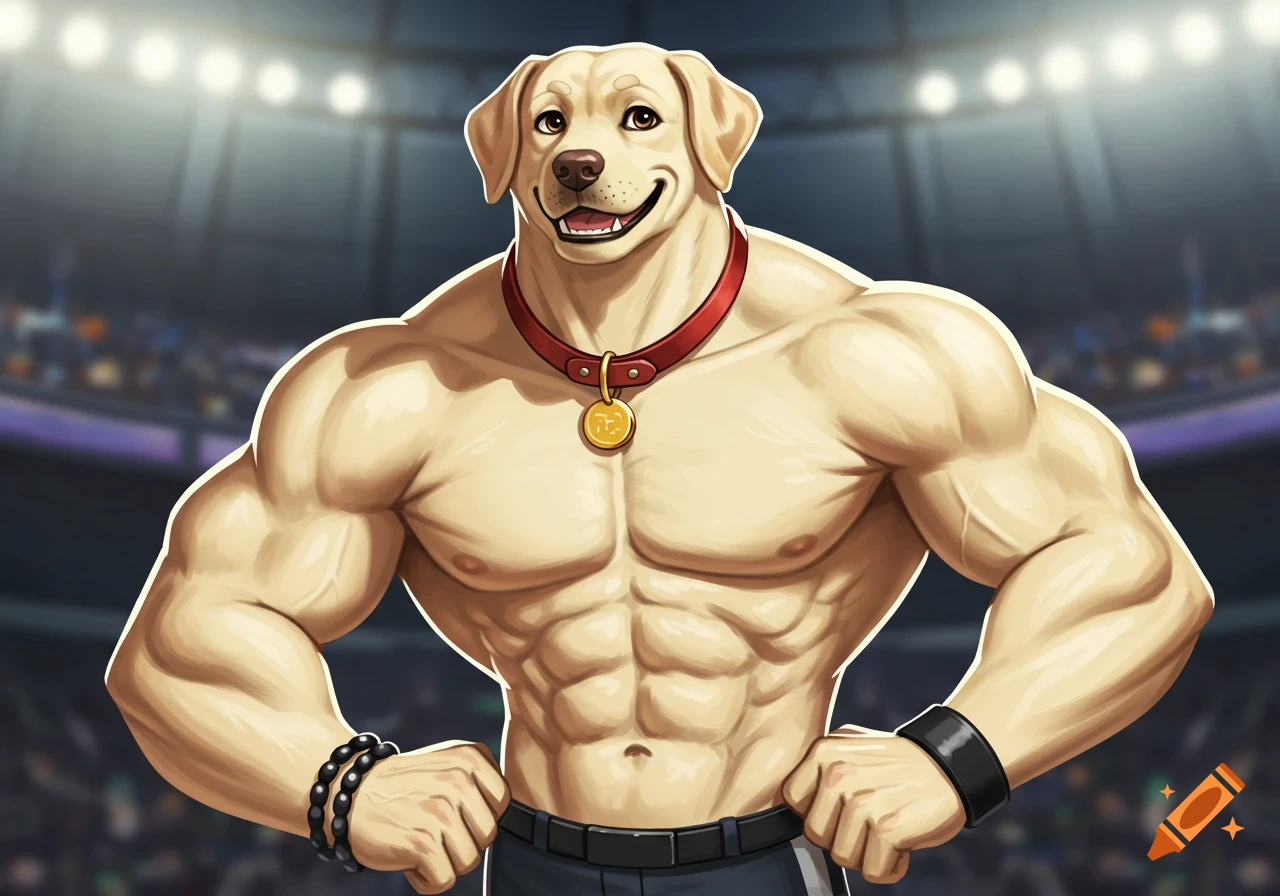 A muscular anthropomorphic yellow labrador in a red collar and black ...