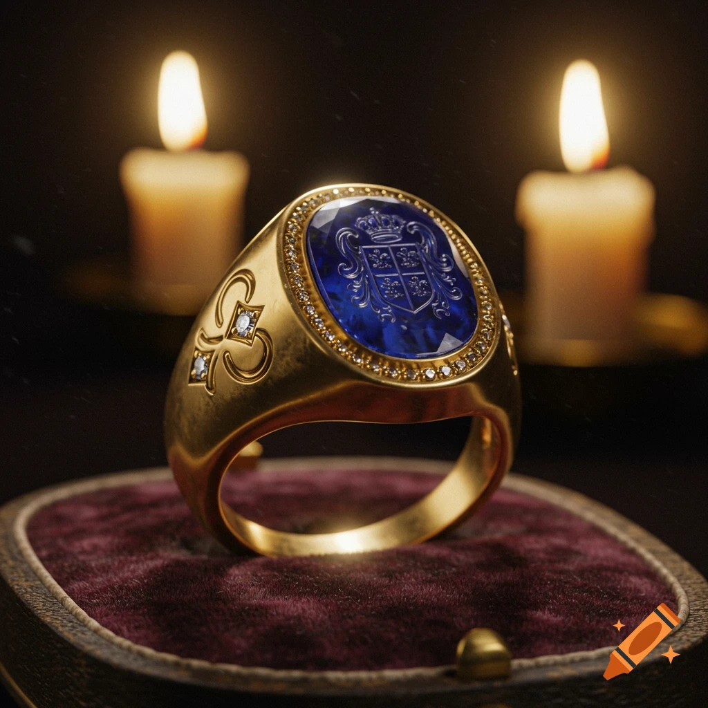 Ornate metallic collar with a tag showing number 44, resting on blue ...