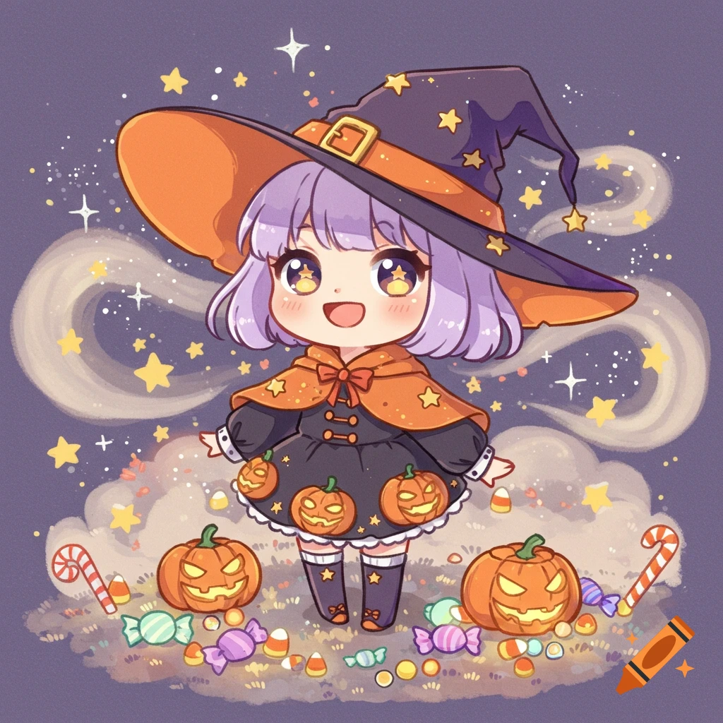 Cute chibi witch with purple hair and orange hat, surrounded by ...