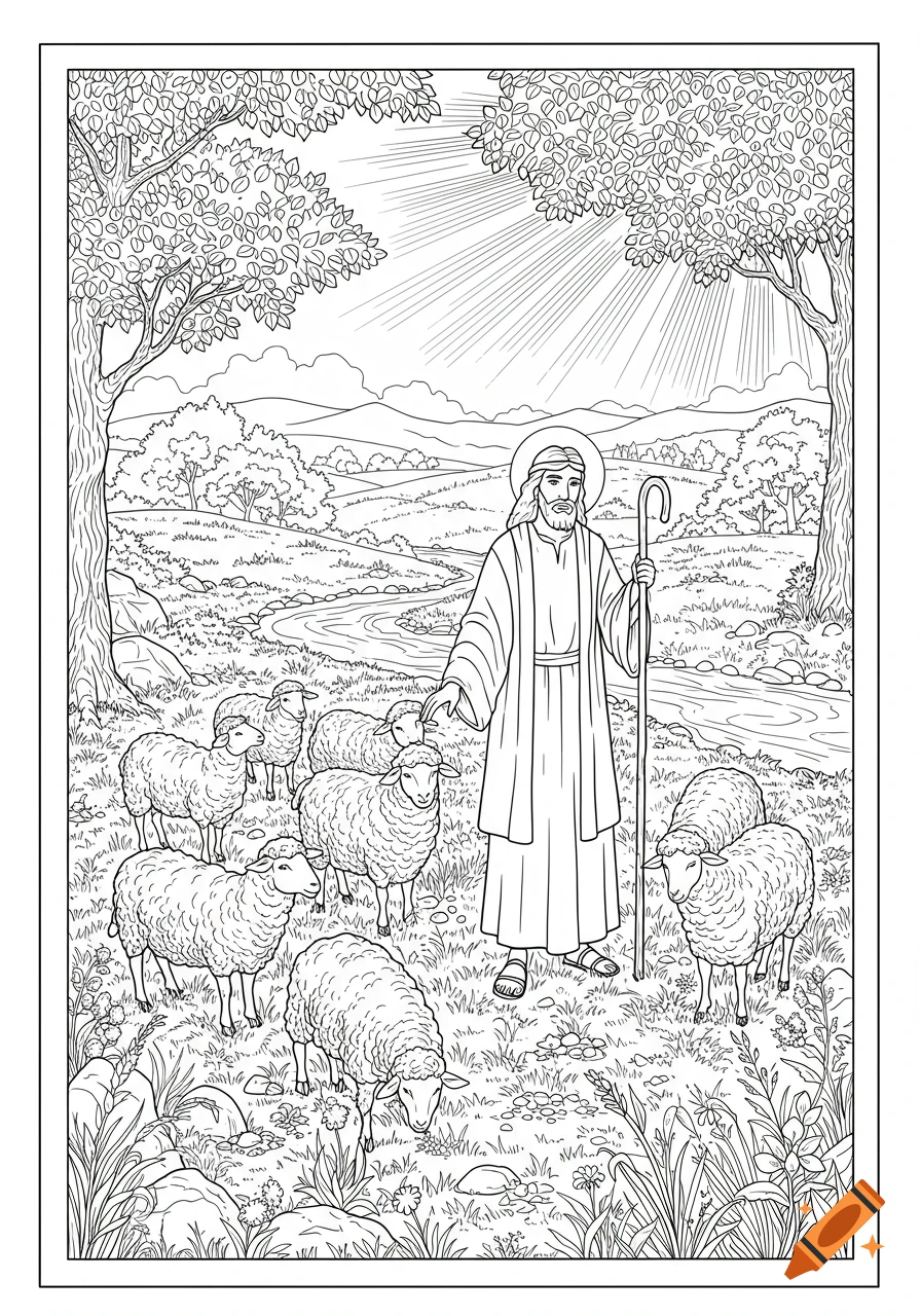 Black and white line art coloring page of Jesus as the Good Shepherd ...
