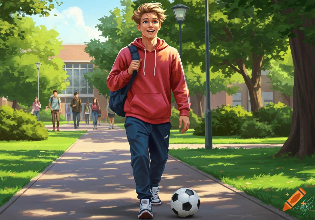 A cartoon boy with goggles and a colorful shirt stands on a soccer ...