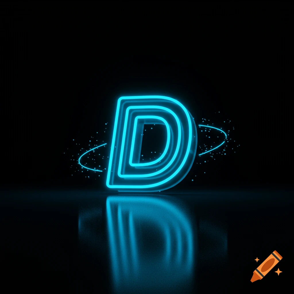 A vibrant, glitched letter 'D' glowing in neon pink and blue ...