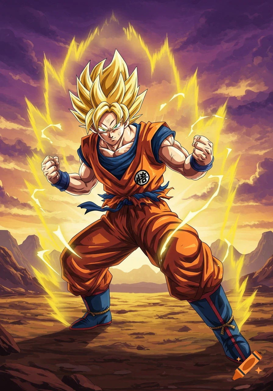 Goku in Super Saiyan form, surrounded by yellow energy and lightning ...