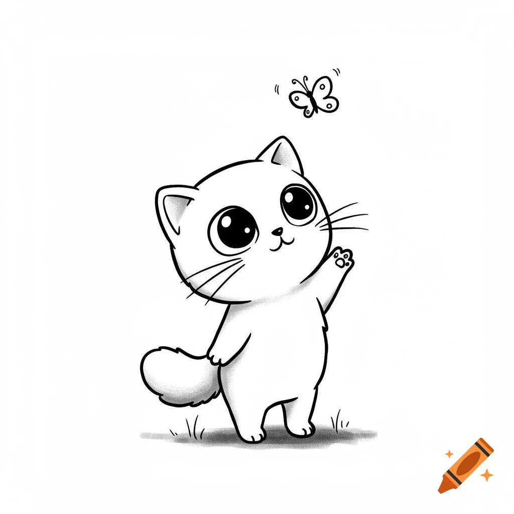 Fluffy cat black and white coloring page with clean line art on Craiyon