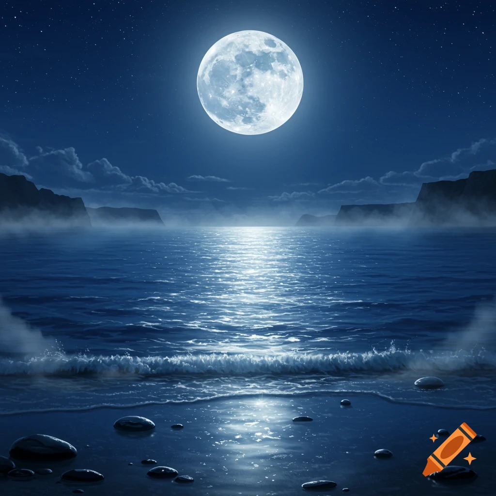 A full moon illuminates a vast dark ocean with glowing turquoise waves ...