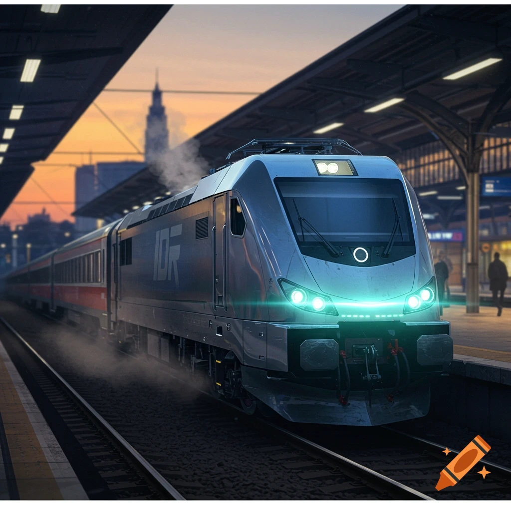 Futuristic silver train with a glowing Bitcoin logo speeding through a ...