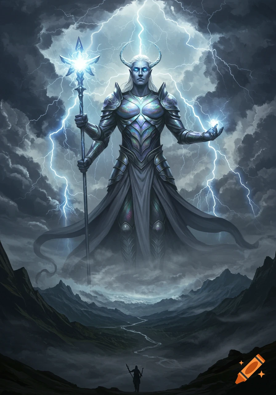 A three-faced goddess holds a torch and keys, flanked by two glowing ...