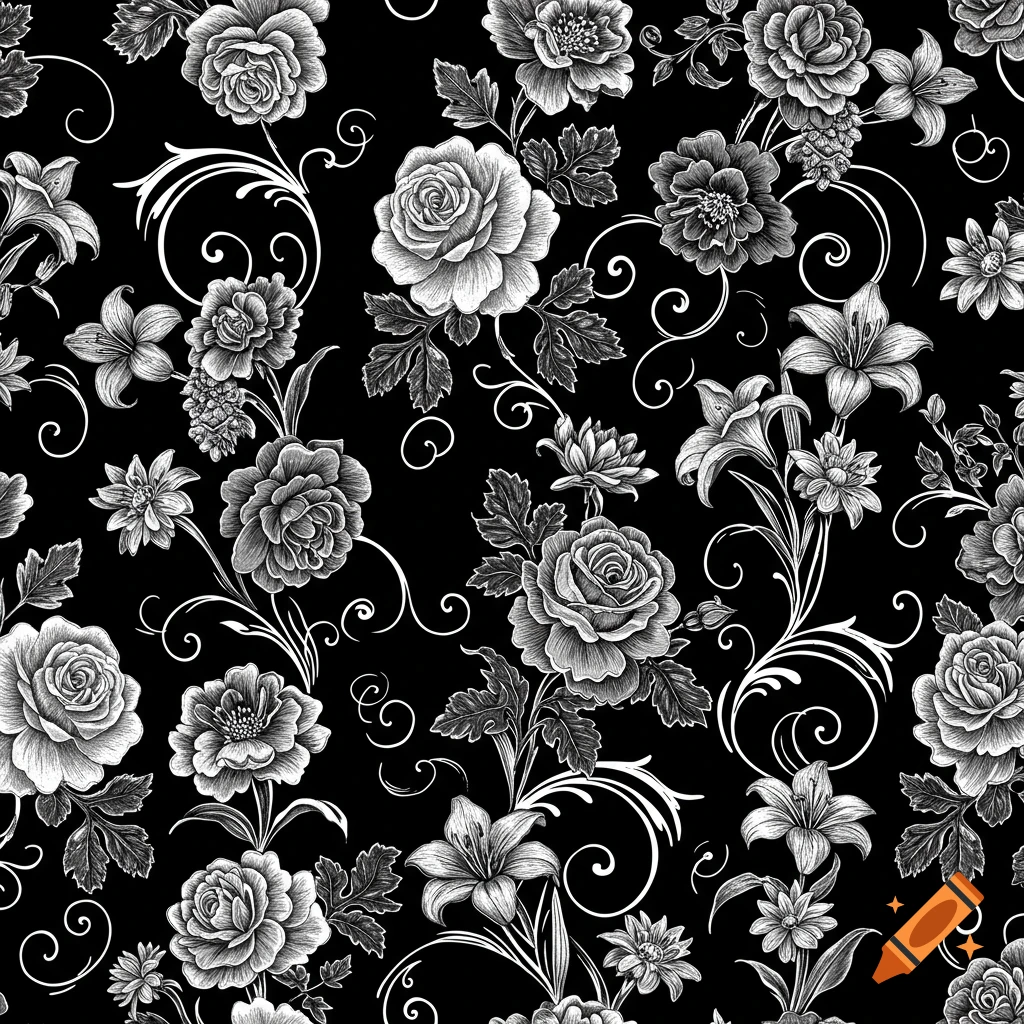 An elegant, dark gray floral vine pattern on a black background. on Craiyon