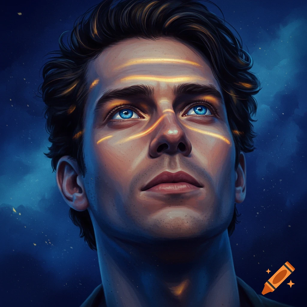 Photorealistic portrait of a young man with light brown hair, white ...