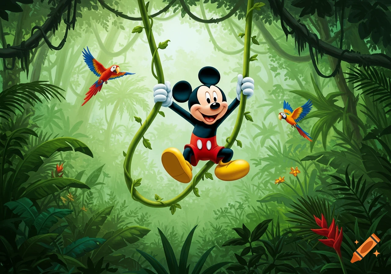 Mickey Mouse swings from a jungle vine, surrounded by vibrant birds and ...