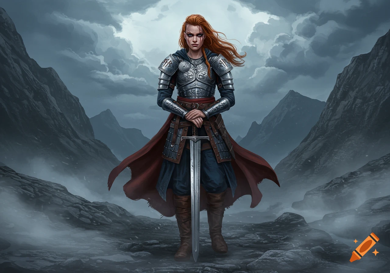 Photorealistic smiling woman in a fitted top with a sword in front of ...