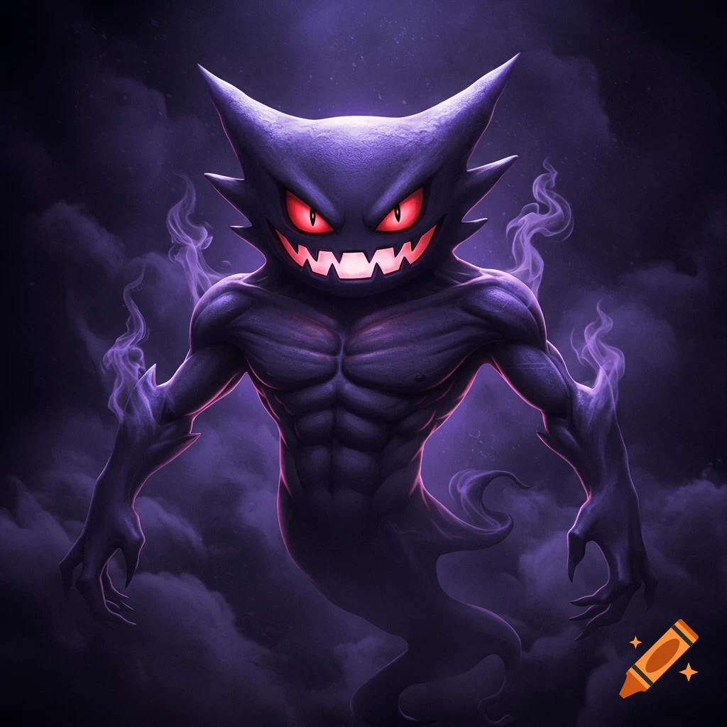 A purple, grinning Haunter Pokémon floats in a misty forest at night ...