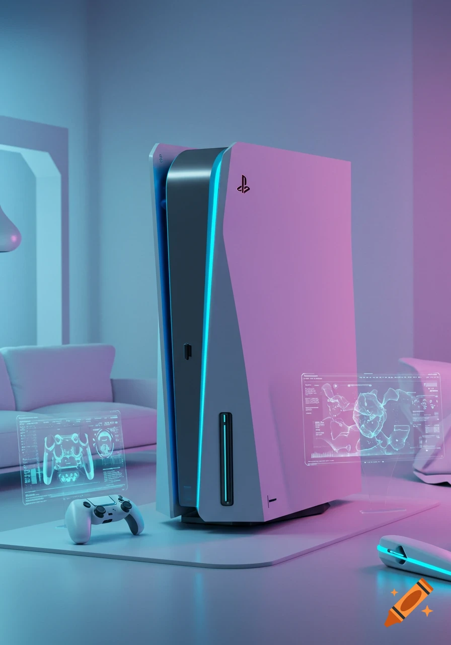 A futuristic room with a white PlayStation 5 console and controller ...