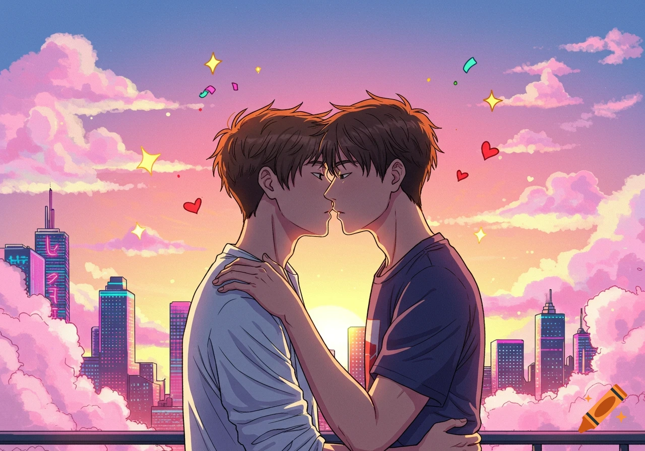Anime illustration of two men kissing on a rooftop at sunset, with a ...
