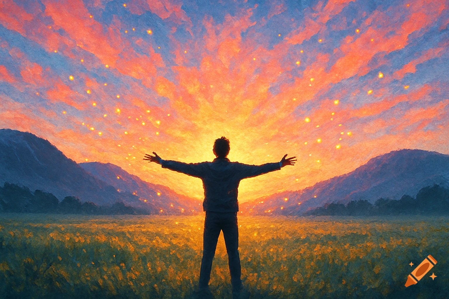 A desaturated field of grey flowers under a cloudy sky, with a vibrant ...