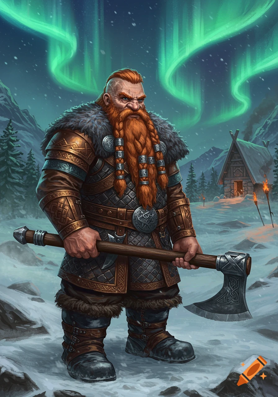 A rugged Viking with a braided beard and blue eyes holds two axes ...