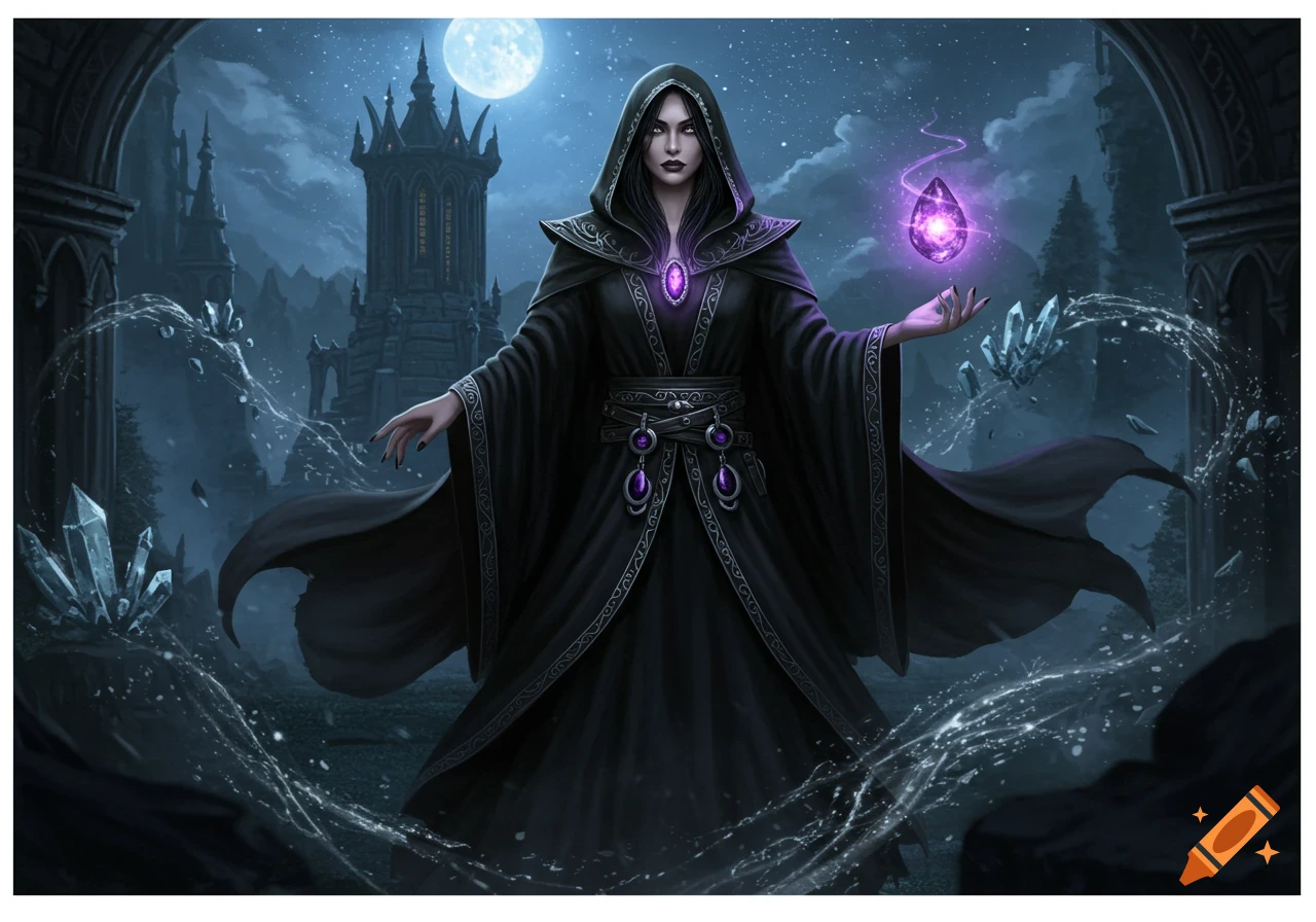 A white-haired wizard in a blue robe stands under an ivy arch in a ...