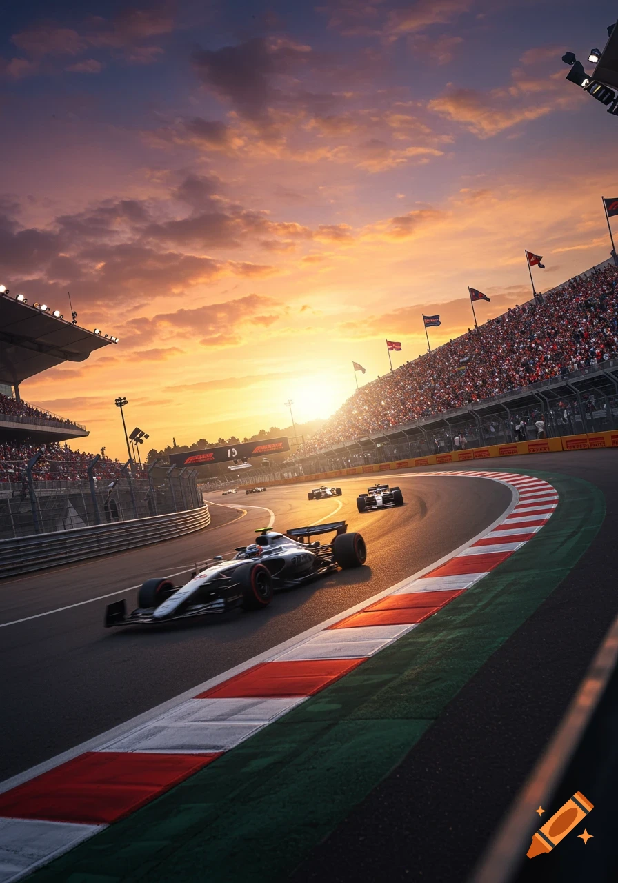 Isaac Newton, with long grey hair flowing, drives a modern F1 race car ...