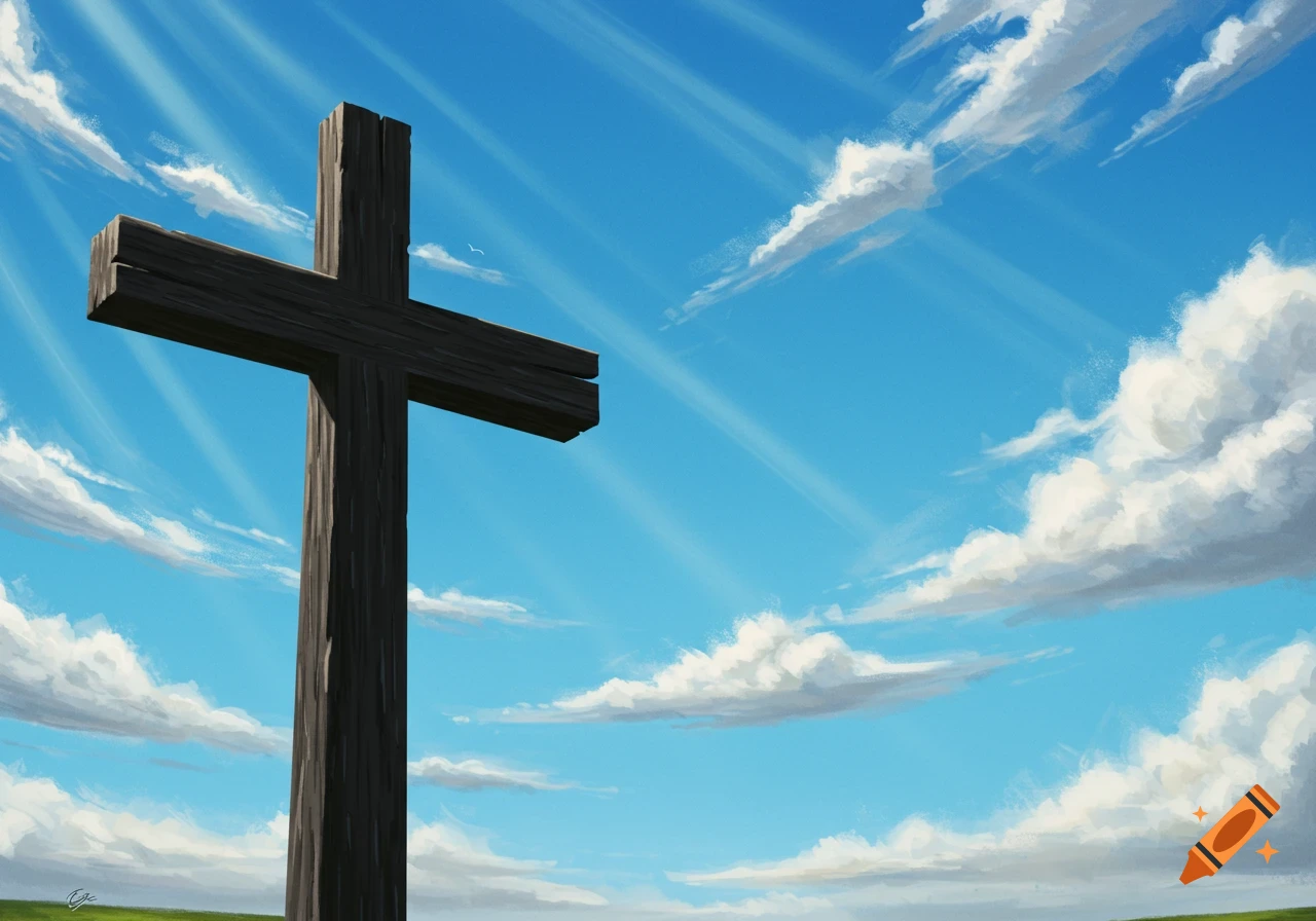 A dark wooden cross stands tall against a vibrant blue sky with fluffy ...
