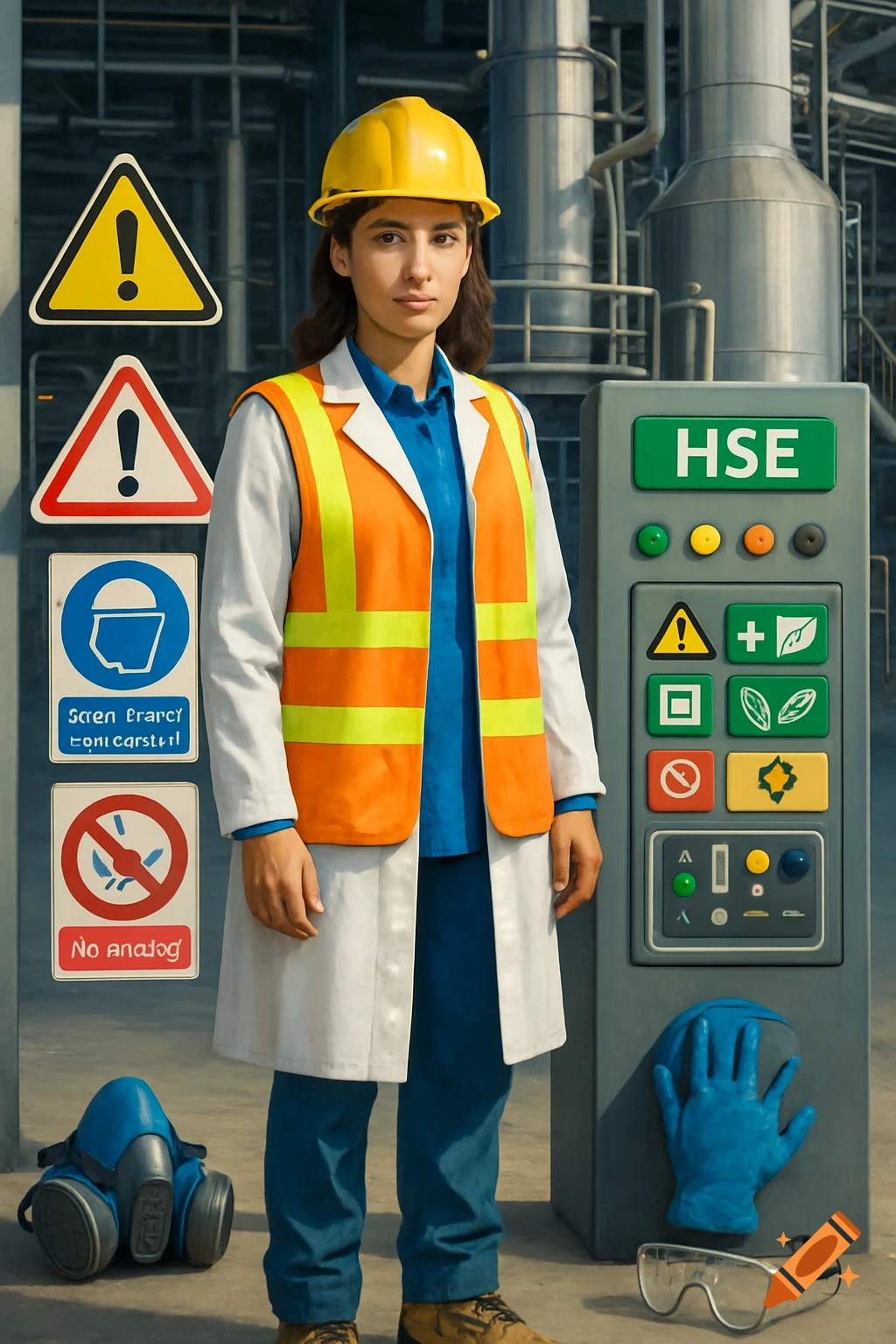 Photorealistic female safety engineer in hard hat and vest in a clean ...