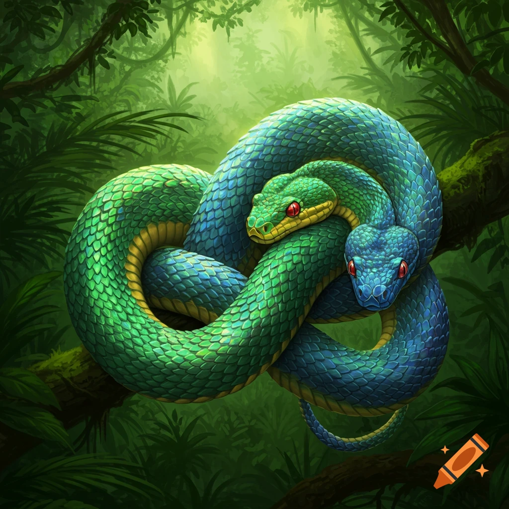 Two cartoonish brown snakes with glowing blue spiral eyes and long ...