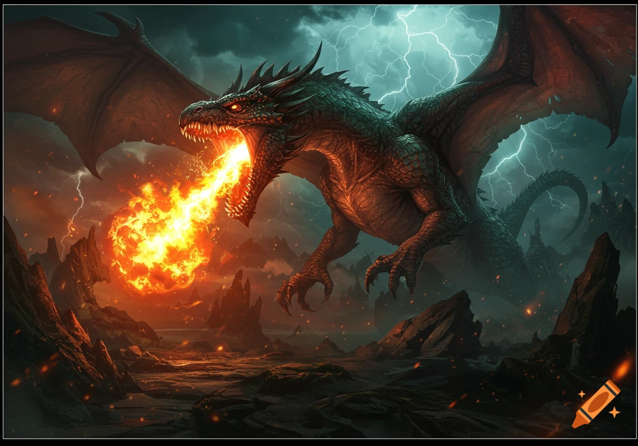 A large red fantasy dragon with red wings and blue crystal spikes ...