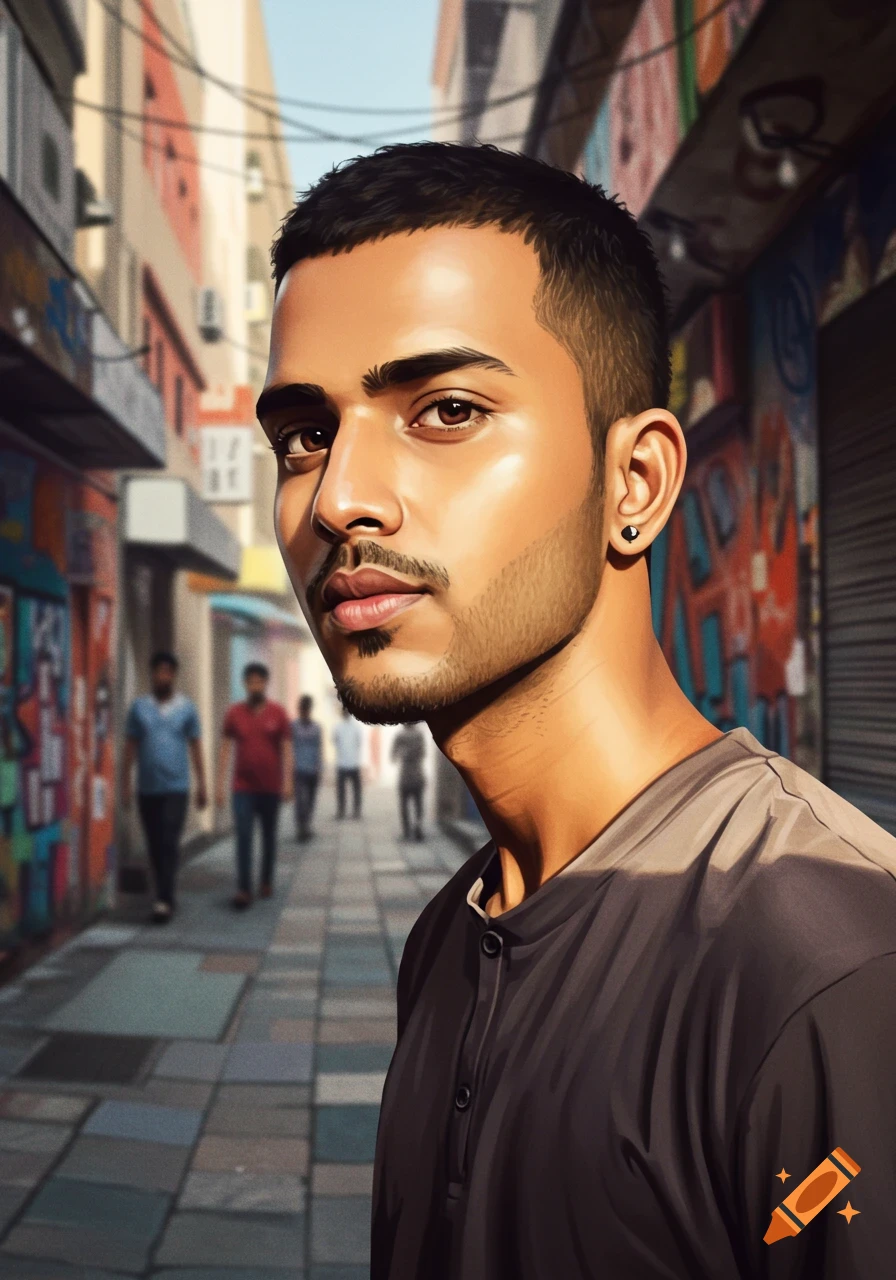 Stylized portrait of an Indian man with a buzz cut and light beard ...