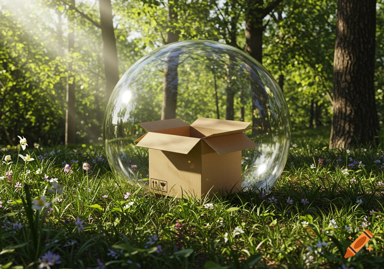 An open cardboard box stands inside a clear glass sphere in a sunlit ...