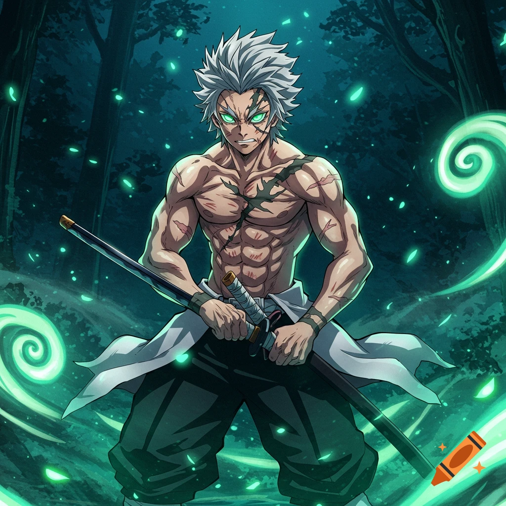 Anime character Sanemi from Demon Slayer, shirtless with scars, holding ...