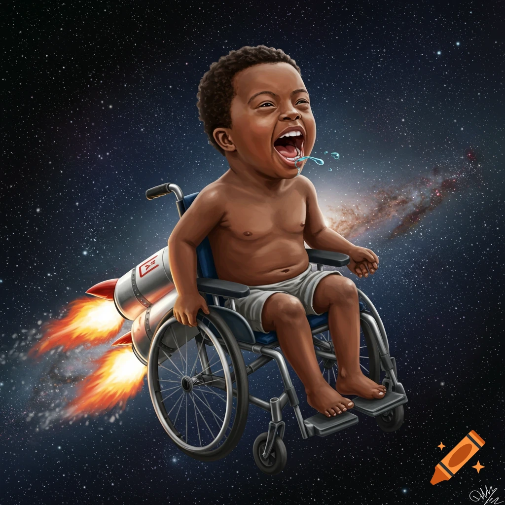 Illustration of a Black boy in a wheelchair flying with a jetpack ...
