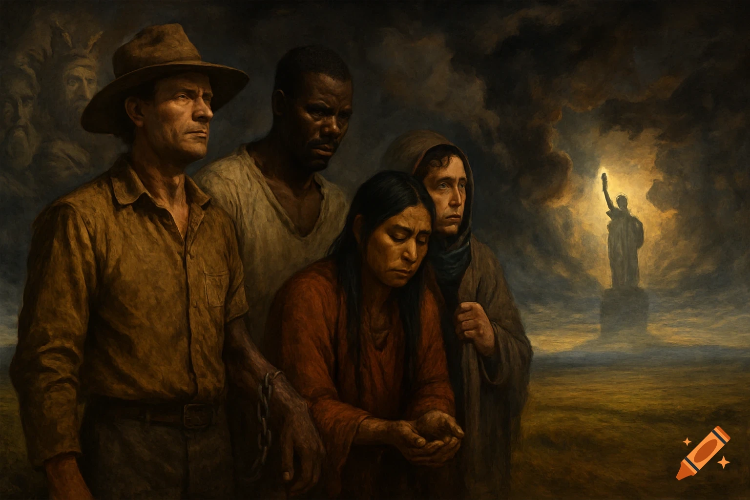 A dramatic painting of diverse, somber people, one man with chains ...