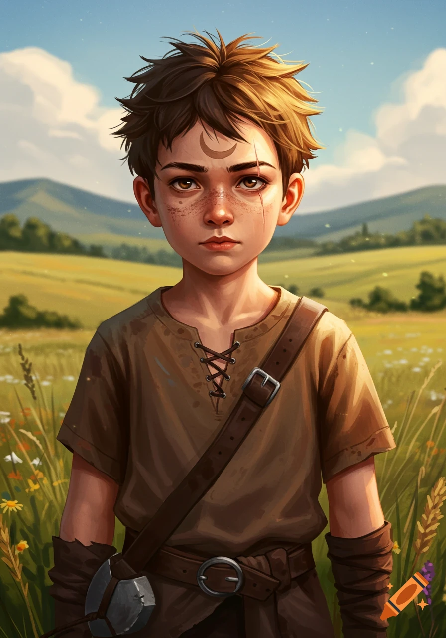A cheerful, curly-haired hobbit with a backpack stands barefoot in a ...